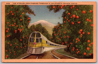 Streamliner Yellow & Silver Train Through California Orange Grove ...