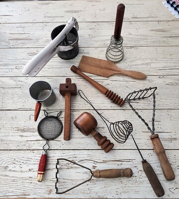 Vintage 13 primitive Kitchen Utensils with crock | eBay