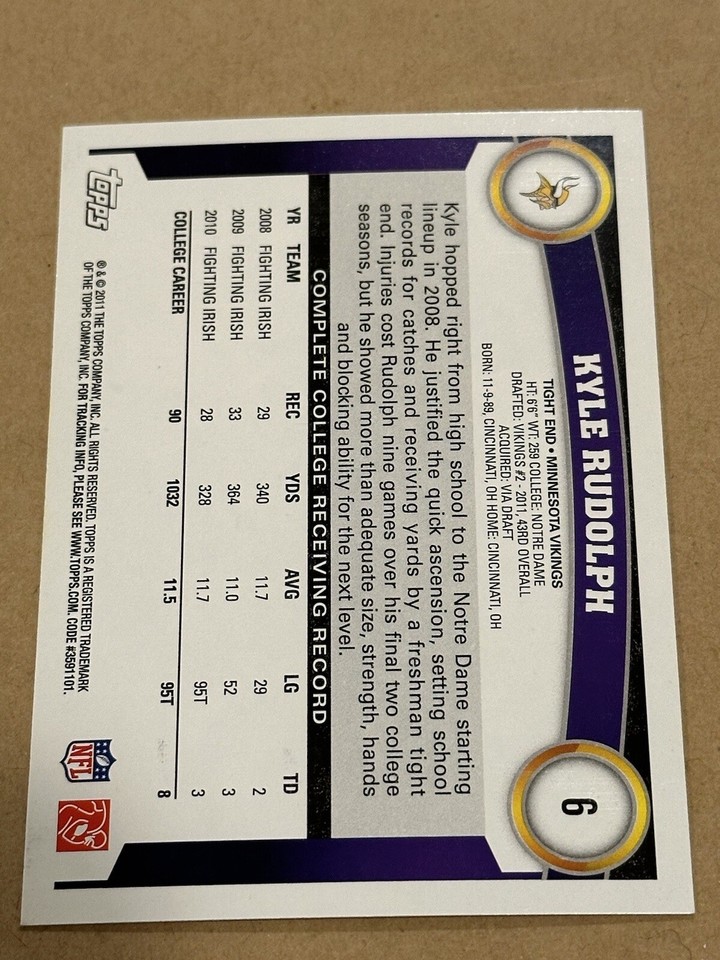 2011 Topps Football Card #6A Kyle Rudolph Rookie Minnesota Vikings | eBay