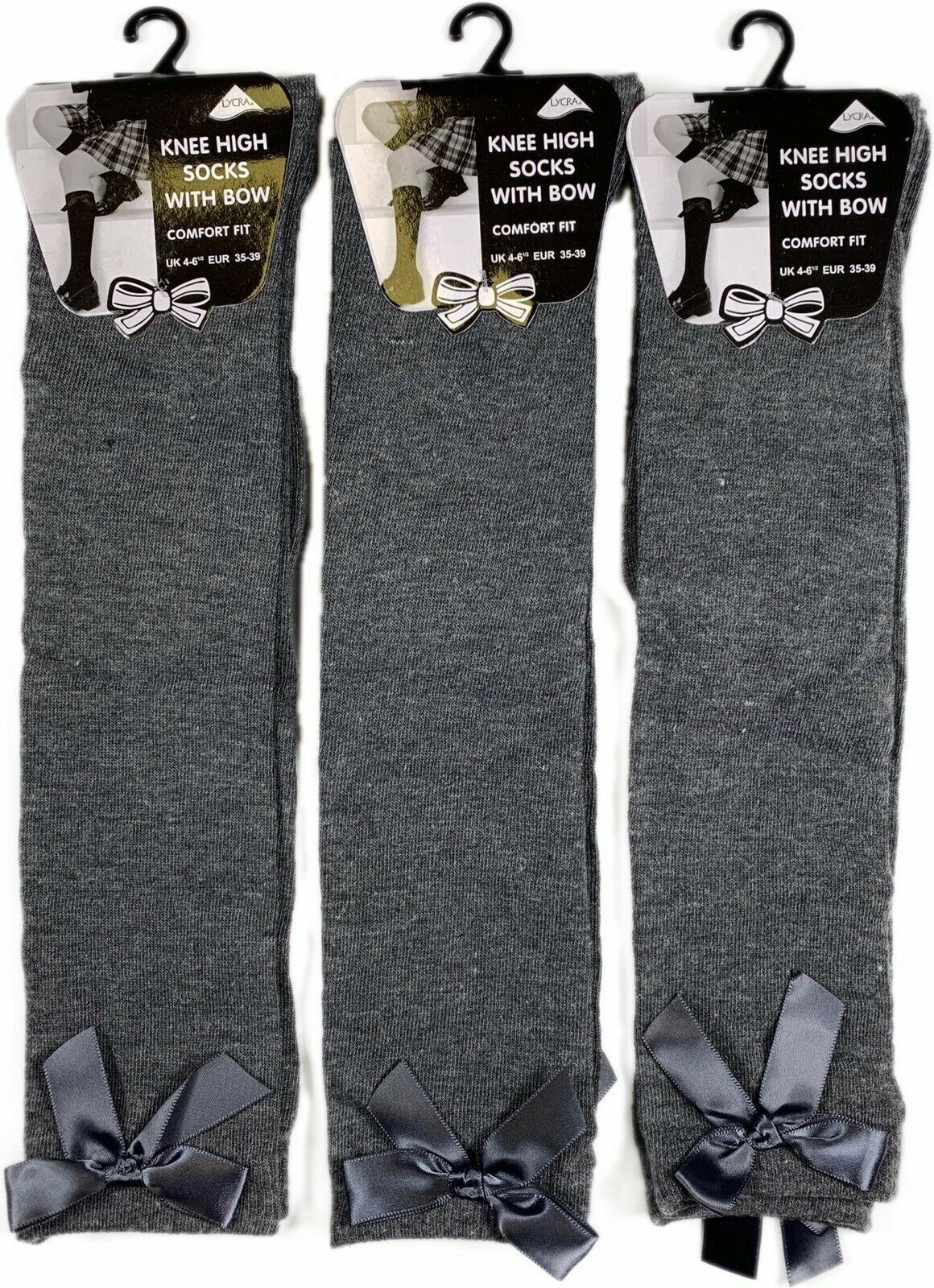 Girls Children's Kids Grey Knee High School Socks With Satin Bow Sizes ...