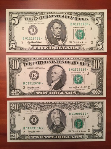 1995 Rare $5 $10 $20 New York (B) Fed Reserve Star Note Collection Gem ...