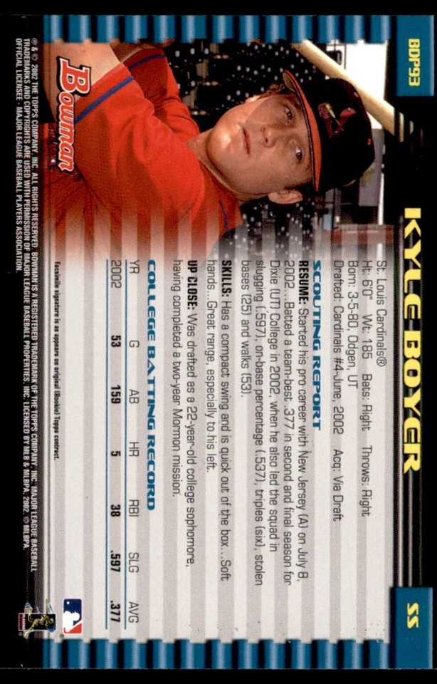 2002 BOWMAN DRAFT PICKS & PROSPECTS GOLD KYLE BOYER ST. LOUIS CARDINALS ...
