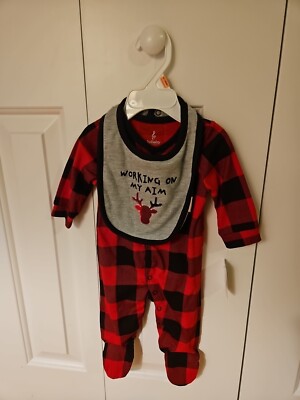 NWT Size 6-9 Months 2 Piece Buffalo Plaid Sleeper w/bib "WORKING ON MY ...