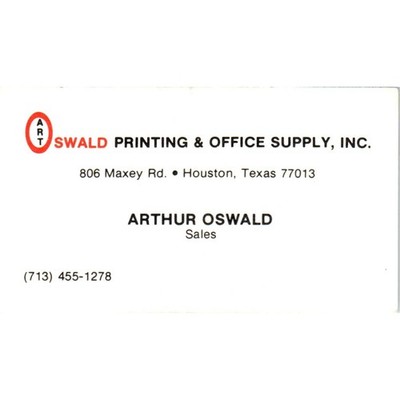 Arthur Oswald Printing & Office Supply Houston TX Vintage Business Card ...
