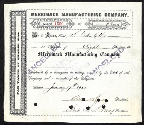 Merrimack Mfg. Co. Boston 1902 Stock Certificate "S. Newton Cutler" Tax ...