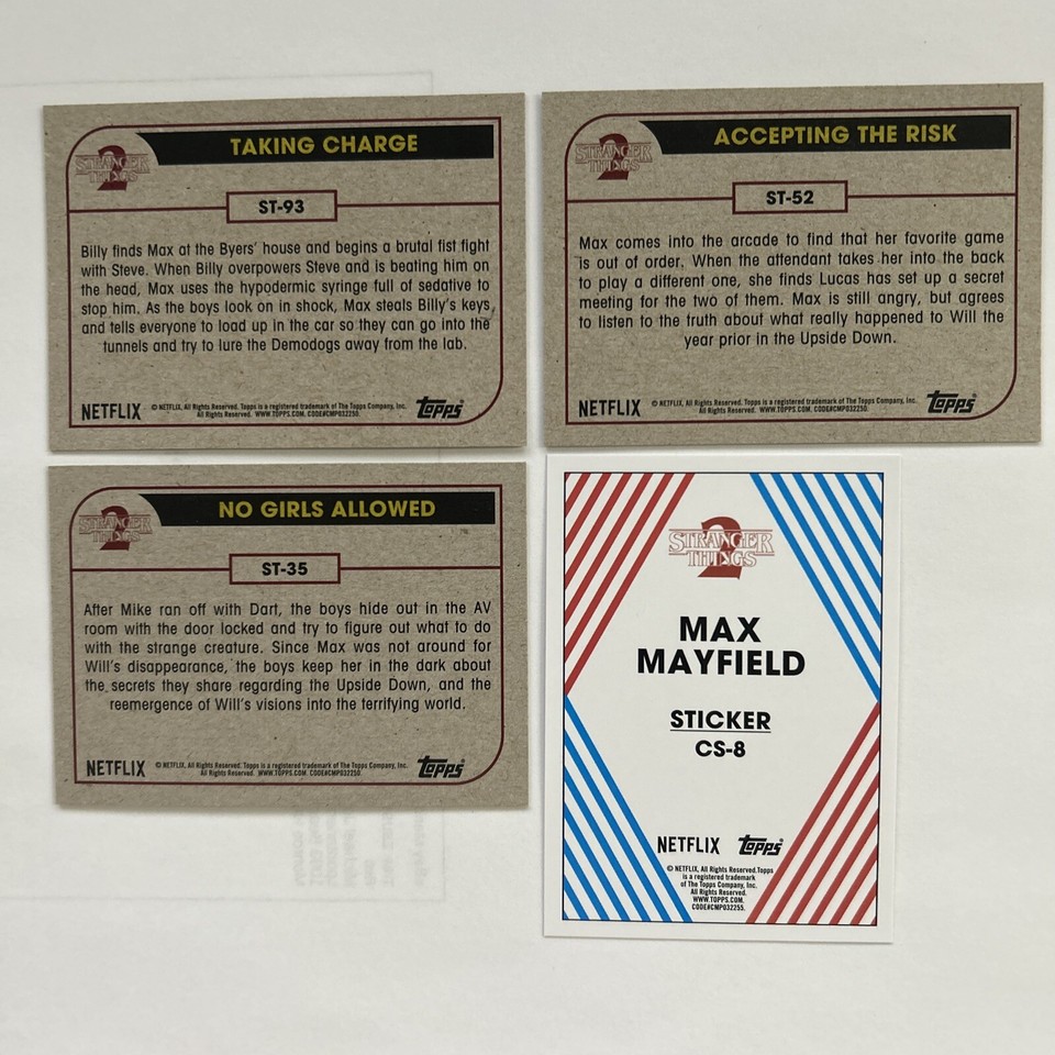 Topps Stranger Things 2 MAX MAYFIELD Sticker CS-8, Cards ST-35, ST-52 ...