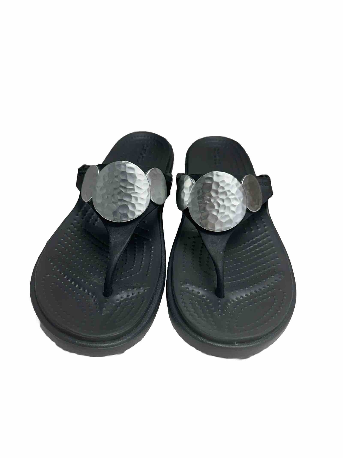 Crocs Sanrah Hammered Circle Black Silver Thong Wedge… - Gem