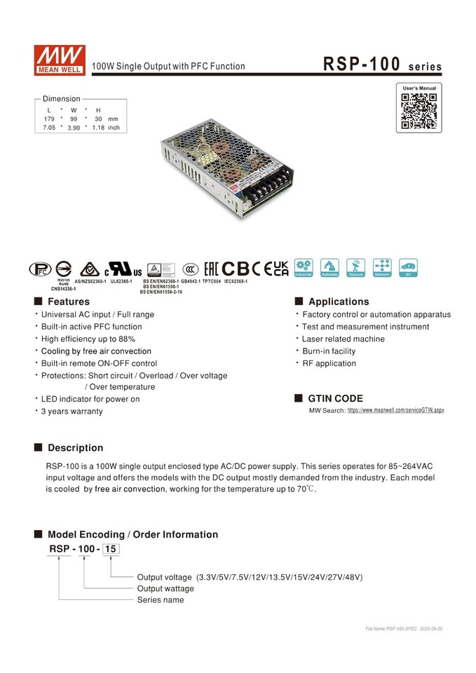 MEAN WELL RSP-100-5/7.5/12/15/24/27/48 Single Output with PFC Function ...
