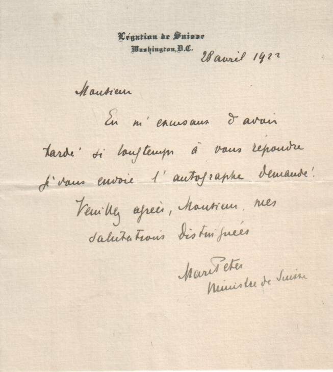 Statesman / Ambassador Handwritten Letter for Switzerland to U.S. in ...