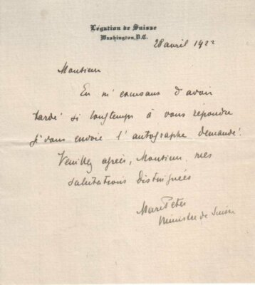 Statesman / Ambassador Handwritten Letter for Switzerland to U.S. in ...