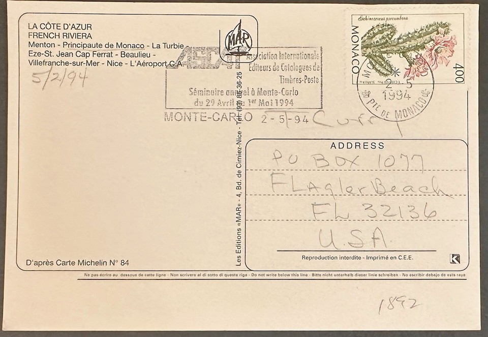 Monaco #1892 w slogan cancel 1994 to US on 9 view post card & map ...