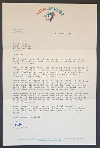 1981 Toronto Blue Jays Peter Bavasi Autographed Signed Letter MLB ...