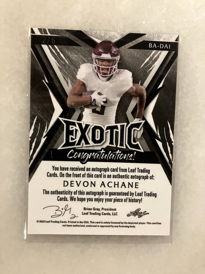 Devon Achane 2023 Leaf Exotic Signatures RC Auto /6 BA-DA1 De'von ...