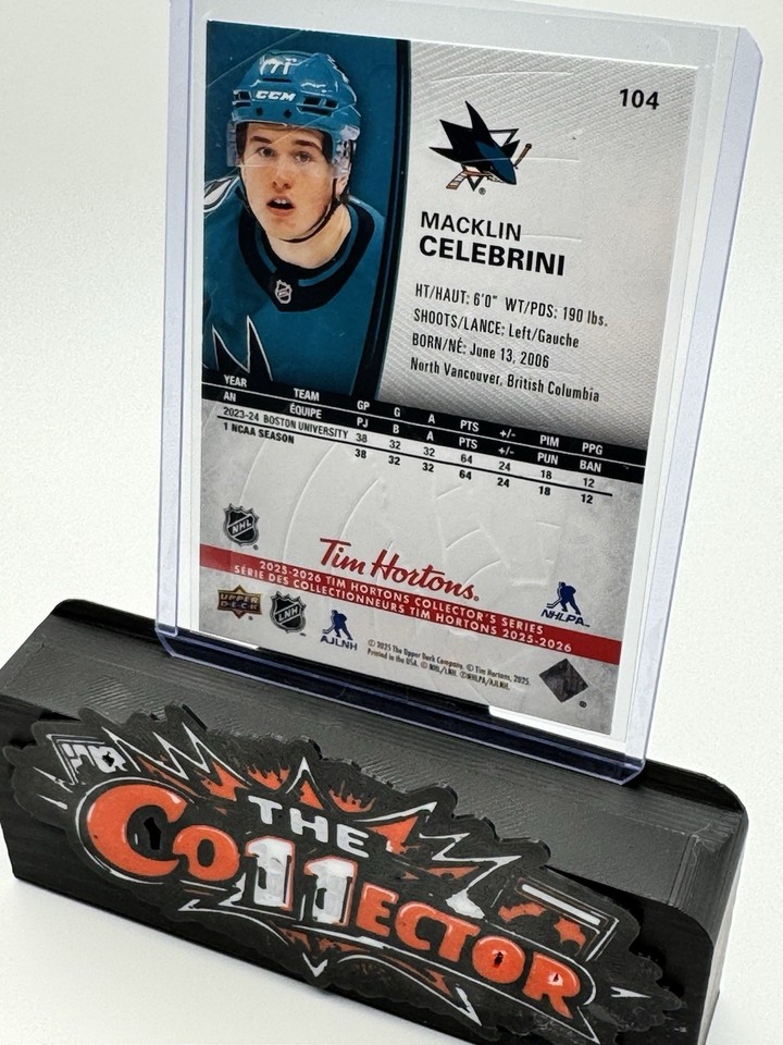 2024-2025 Upper Deck Tim Hortons MACKLIN CELEBRINI ROOKIE San Jose ...