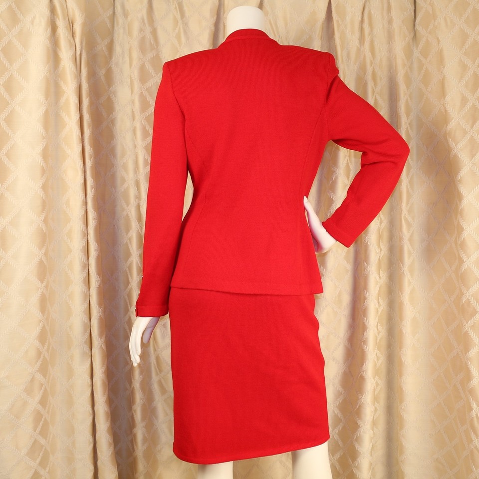 ST. JOHN Red Gold Santana Knit Ornaments Buttons Women Skirt Suit Size ...