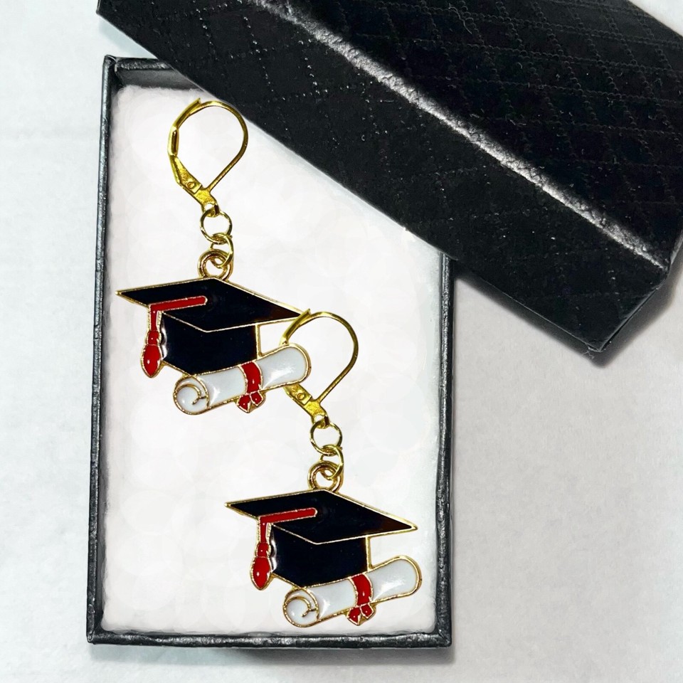 Graduation Leverback Earrings With Gift Box Dangle Drop Cap Diploma ...