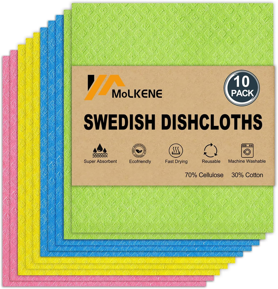 Swedish Dishcloths for Kitchen | 10 Pack Cellulose Sponge Dish Cloths ...