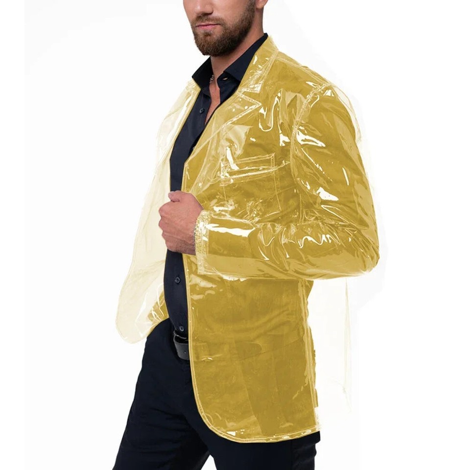 Men TPU Lapel Neck Suits Jacket Fashion Slim Punk PVC Long Sleeve Coat ...
