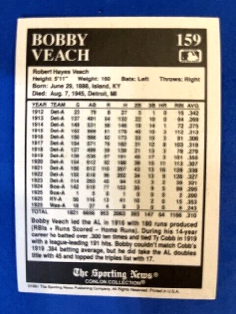 MLB - Bobby Veach 1991 Sporting News Conlan Collection - Tigers | eBay