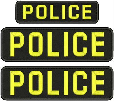 POLICE EMBROIDERY PATCHES 3X11 and 2x8 HOOK ON BACK yellow on BLACK | eBay