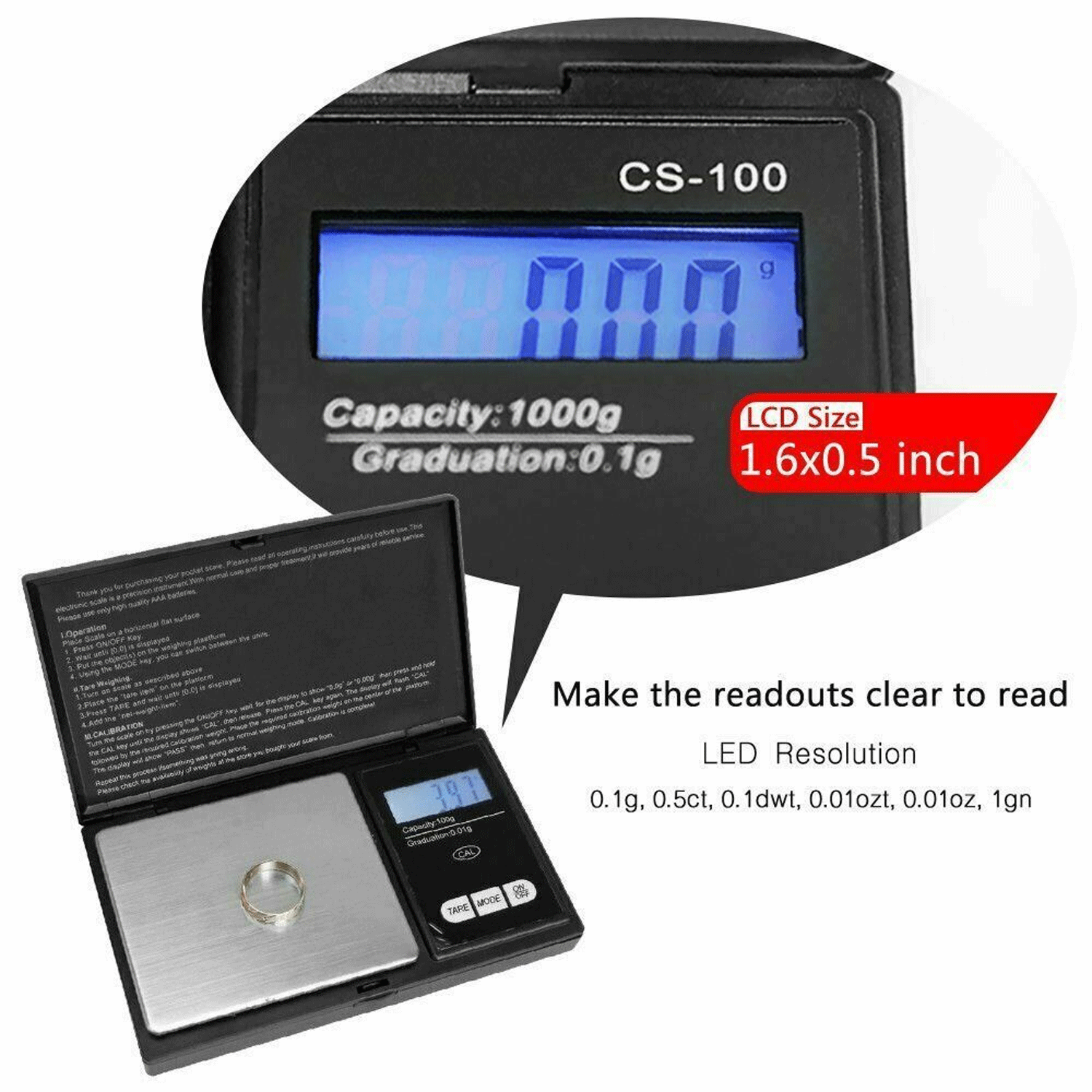 Digital Scale 1000g x 0.1g Jewelry Pocket Gram Gold Silver Coin Herb ...