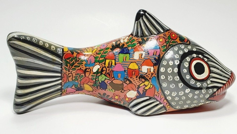 Lot Two (2) Terra Cotta Mexican Folk Art Pottery Hand Painted Fish | eBay