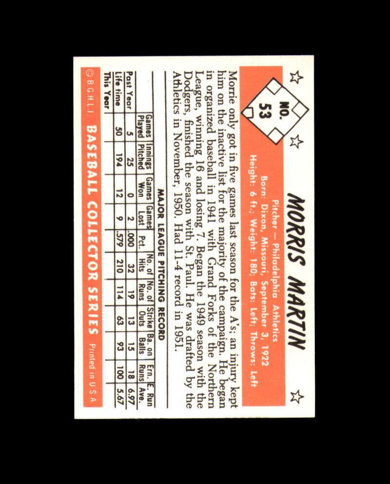 Morris Martin Hand Signed 1953 Bowman Color Reprint Philadelphia A`s ...