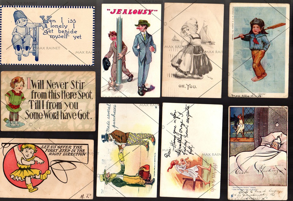 9 POSTCARD Antique Vintage Comic Satire Greetings 1915-1912 1c stamps ...