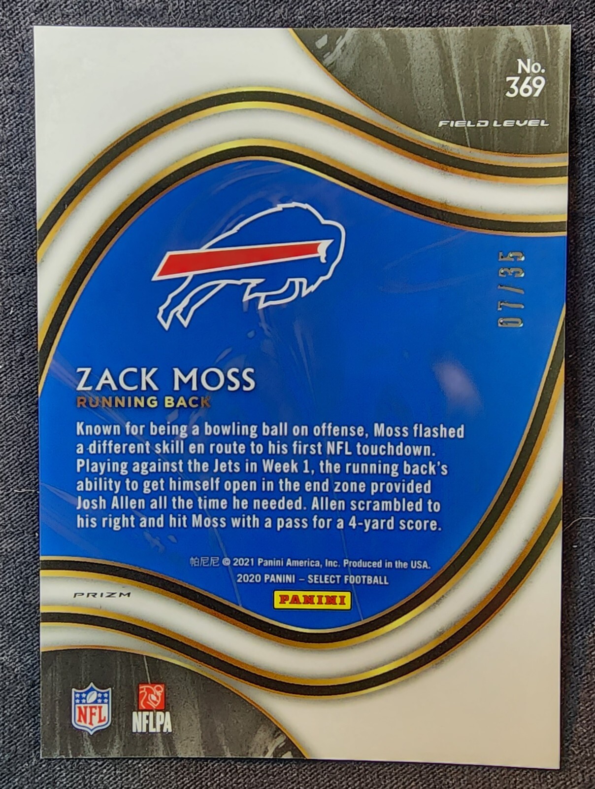 2020 Panini Select - Field Level White Prizm #369 Zack Moss /35 (RC ...