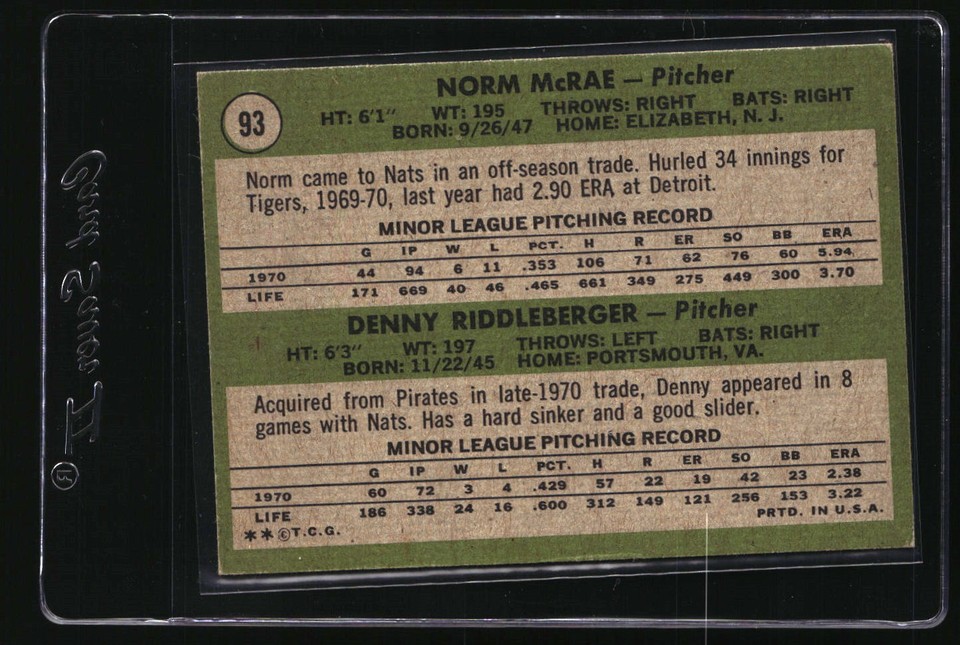 1971 Topps #93 Senators Rookies - Norm McRae / Denny Riddleberger RC ...
