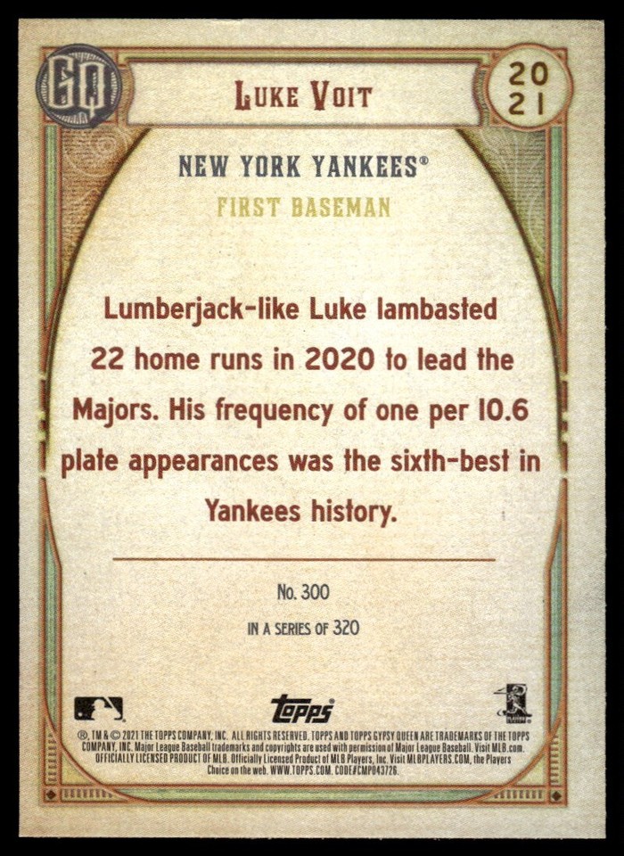 LUKE VOIT 2021 Topps Gypsy Queen Green Border Card #300 New York ...