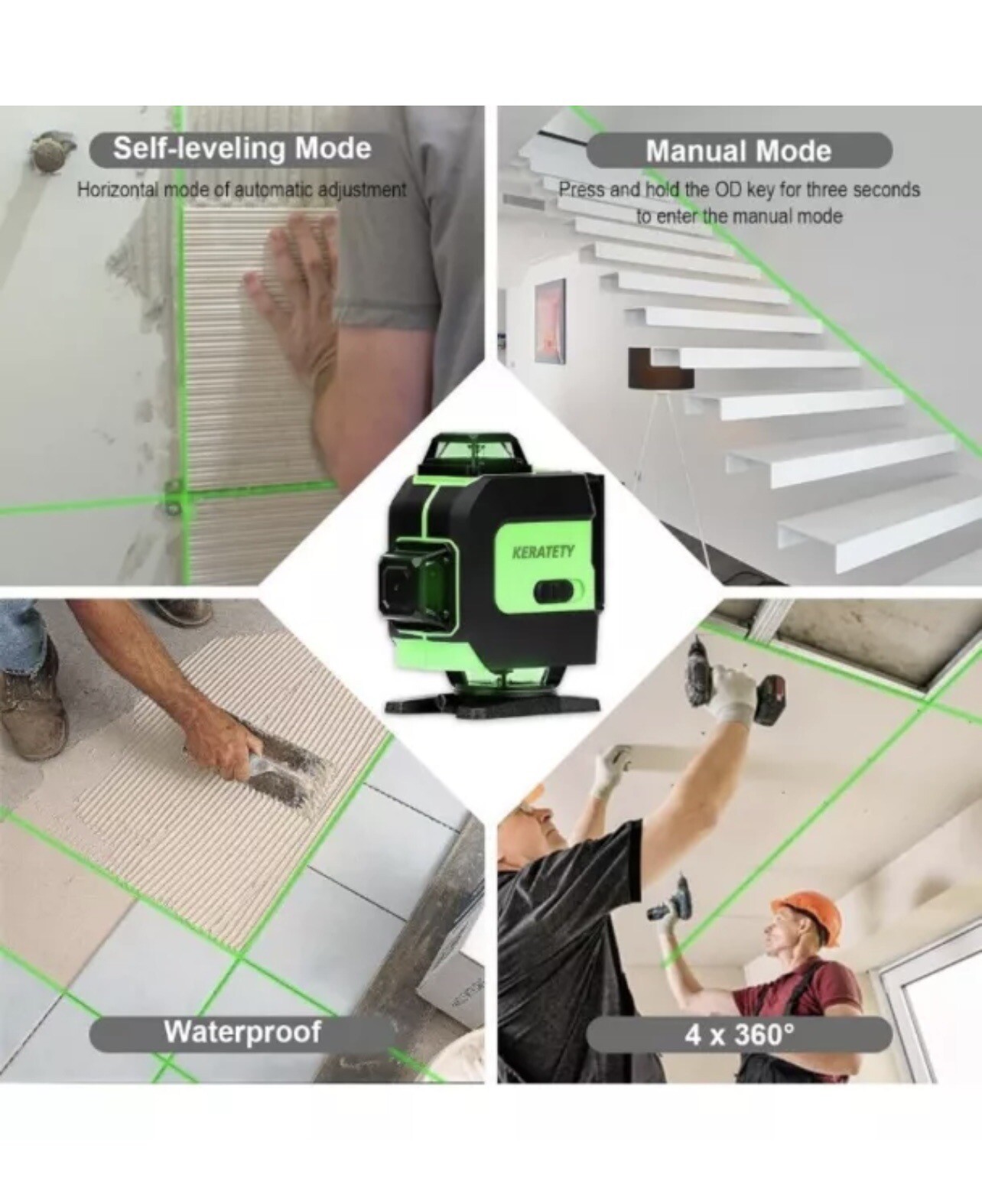 KERATETY Laser Level 4x360° Self-Leveling Laser Level Tool, Switchable ...