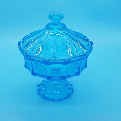 VTG. Ice Blue Coin Glass Covered Lidded Pedestal Compote Bowl 10.5Tall ...