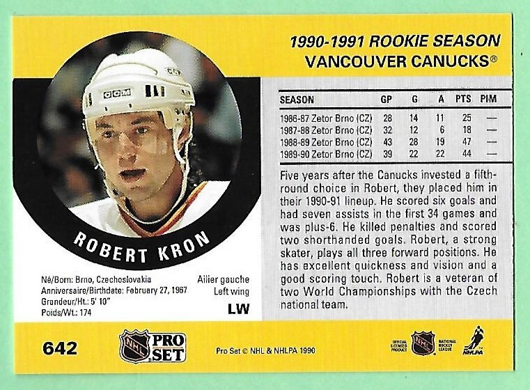 1990-91 Pro Set Hockey Robert Kron RC #642 Canucks | eBay