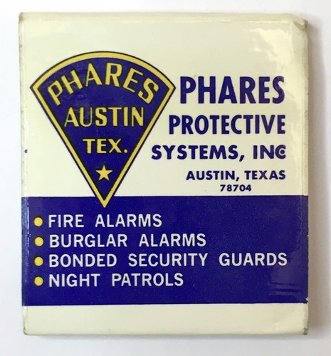Phares Protective Systems Inc Security Austin Texas Matchbook COVER ...