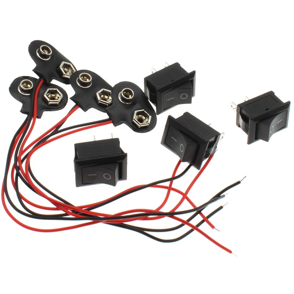4SETS On/Off Mini Rocker Switchs AC 6A 250V 2 Pin with 9V Battery Clip ...