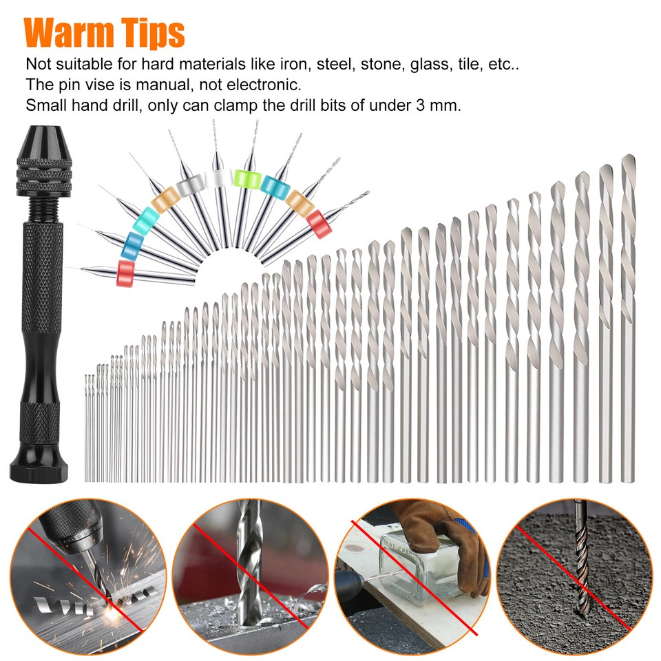 60Pcs Precision Pin Vise Mini Micro Hand Twist Drill Bits Set Rotary ...