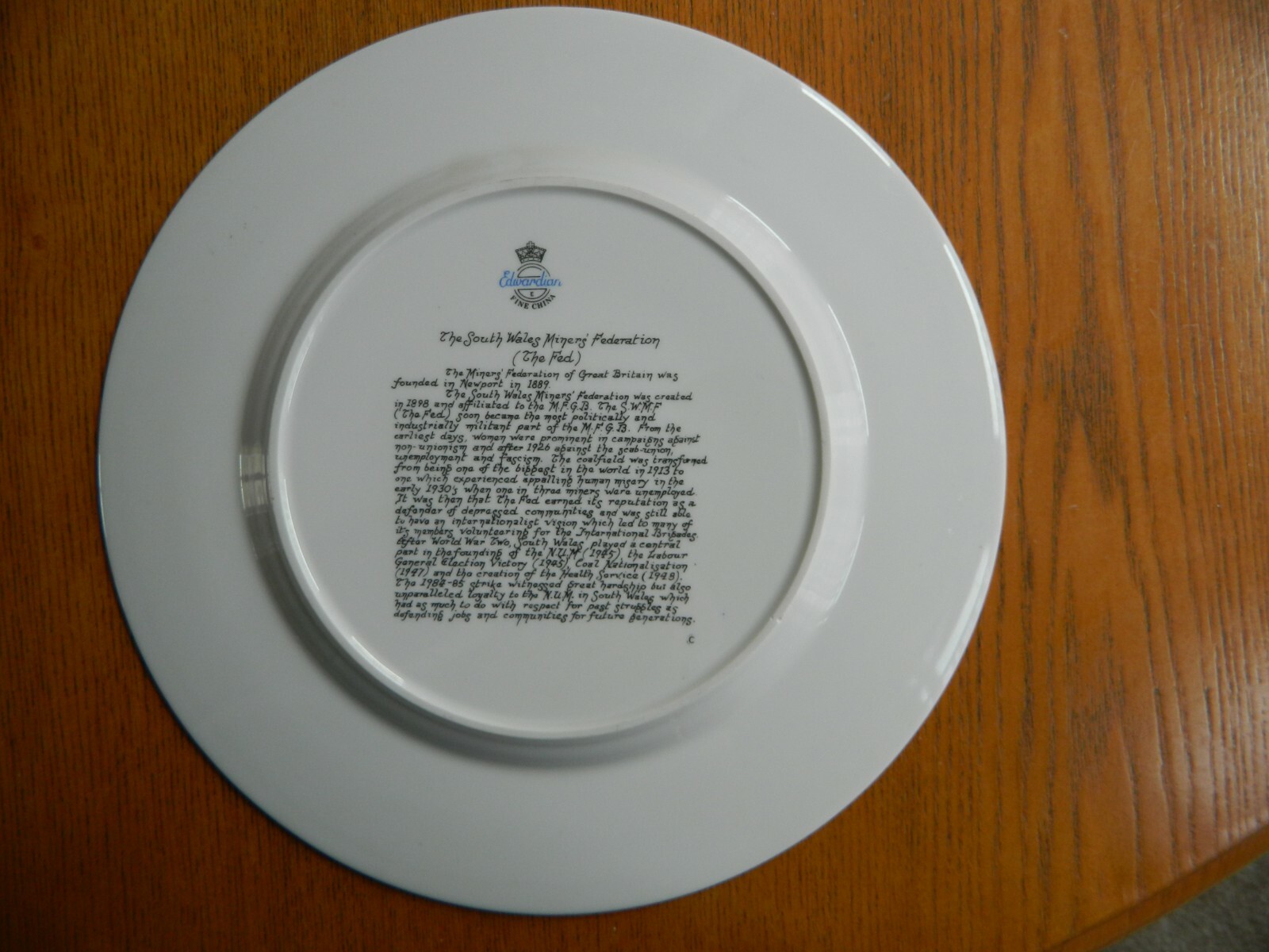 " THE SOUTH WALES MINERS FEDERATION " Plate 10.5" Diam. Excellent ...