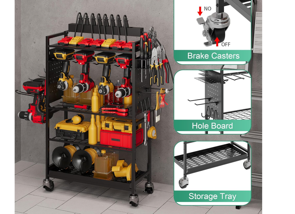 Power Tool Organizer Cart with Charging Station, Garage Floor Rolling ...
