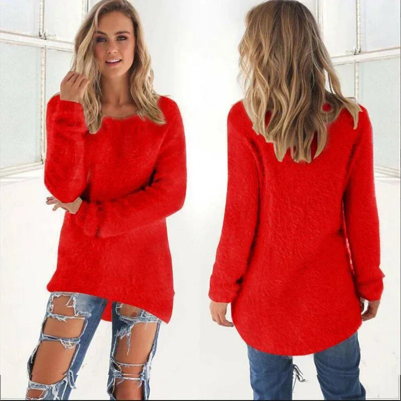 Women Warm Sweater Solid Color O Neck Loose Cotton Knitted Pullover ...