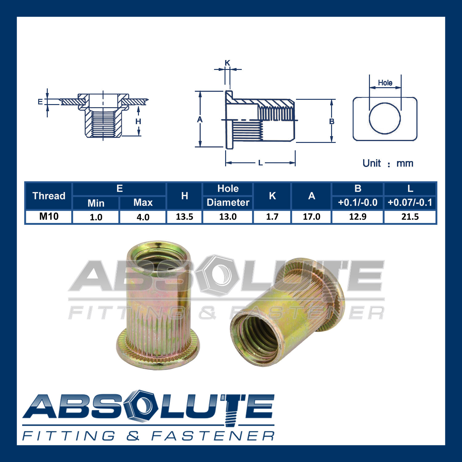 50X M10 Nutsert Rivnut Rivet Nut Large Flange Splined Open End Zinc ...
