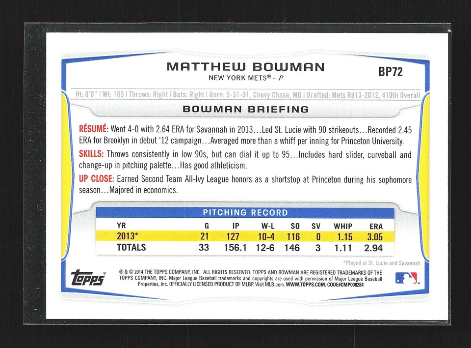 2014 Bowman #BP72 Matthew Bowman Prospects Purple New York Mets SN | eBay