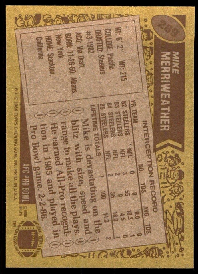 1986 Topps Mike Merriweather . Pittsburgh Steelers #289 | eBay