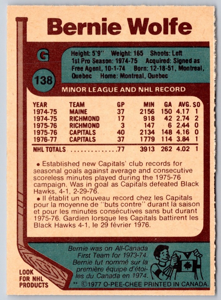 BERNIE WOLFE 1977-78 O-PEE-CHEE 77-78 NO 138 NRMINT+ 53248 | eBay