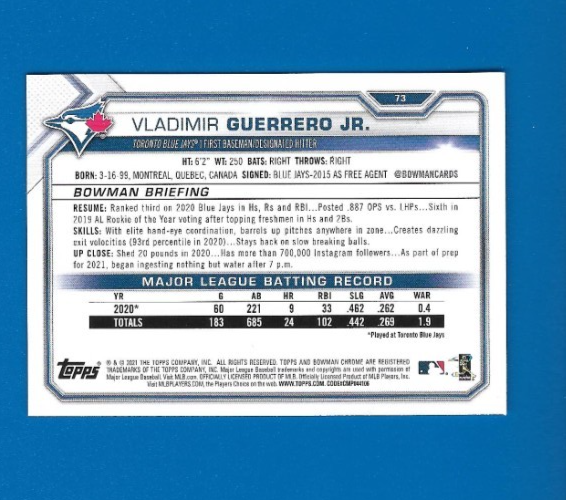 2021 Bowman Vladimir Guerrero Jr Card, Toronto Blue Jays #73 | eBay