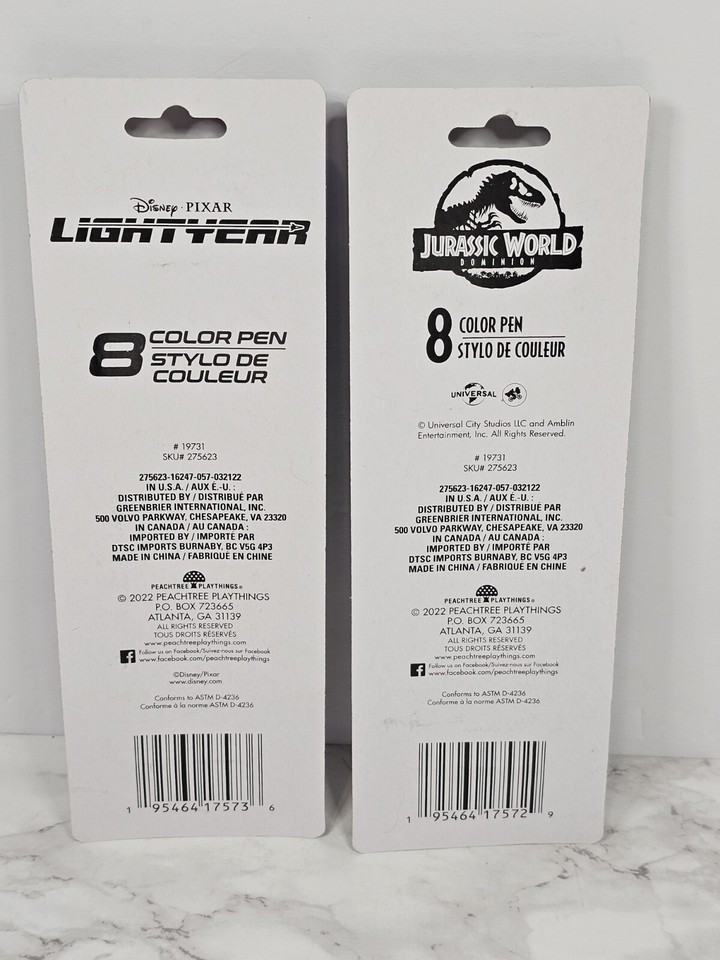 Lot Of 2, 8 Color Ink Pens, TOY STORY BUZZ LIGHTYEAR, Jurassic World ...