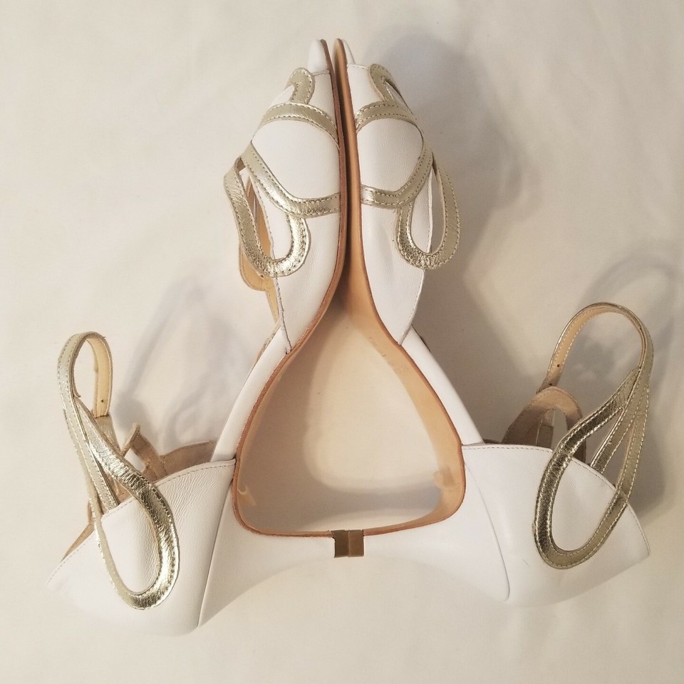 Rachel Simpson Cecelia Ivory White Metallic Gold Leather Appliqué Heels ...
