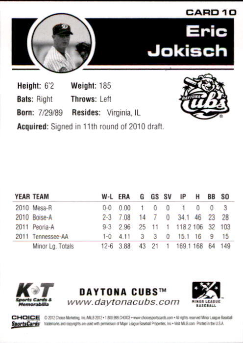 2012 Daytona Cubs Choice #10 Eric Jokisch Virginia Illinois IL Baseball ...