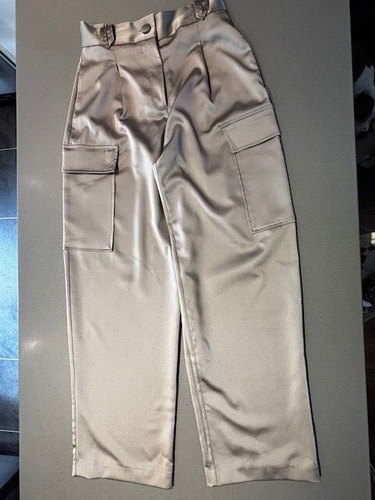 River Island in other words silver satin feel utility trousers size 10 ...