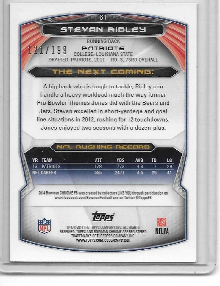 2014 Bowman Chrome Football Blue Refractors Steven Ridley 121/199 ...